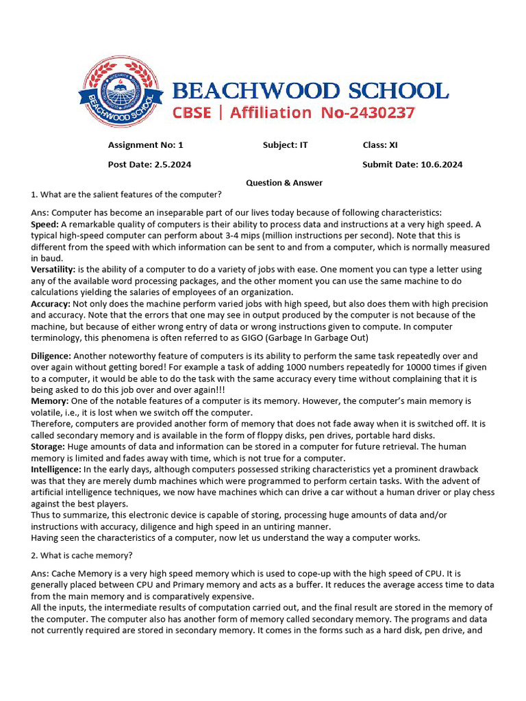 Class 11-assignment-1-IT | PDF | Computer Data Storage | Read Only Memory