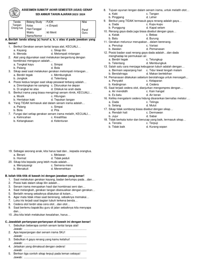 Soal Pas Genap Kelas 4 2023-2024 | PDF
