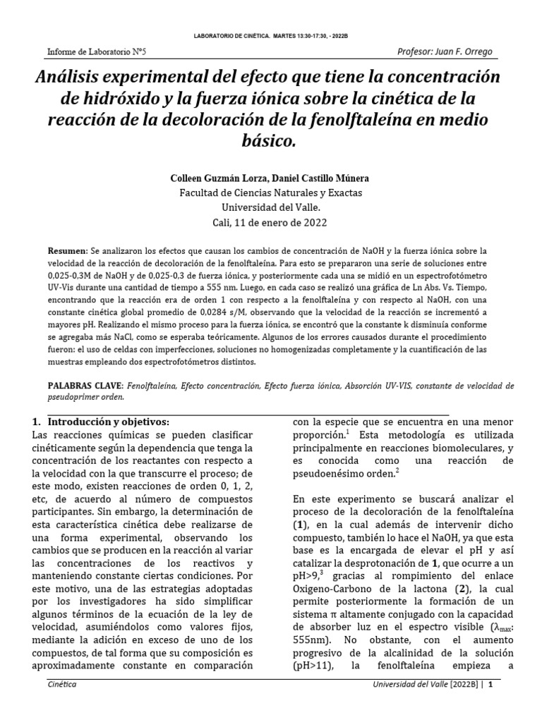Informe 5 - Lab. Cinetica | PDF | Cinética química | Ph