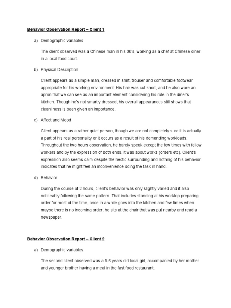 Behavior Observation Report (Cognitive Sciences) | PDF | Restaurant And ...