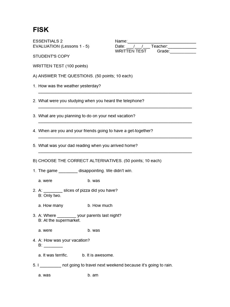 Test - Essentials 2 (L. 1 - 5) Student's | PDF