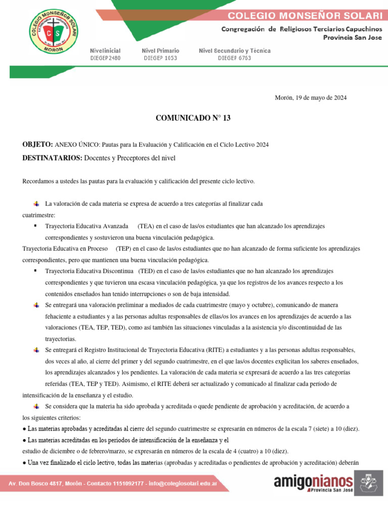 COMUNICADO N°13 Anexo Único | PDF | Evaluación | Enseñando