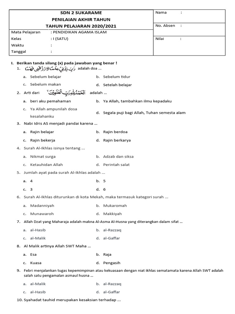 Soal Pat Pai SD Kelas 1 SMSTR 2 | PDF