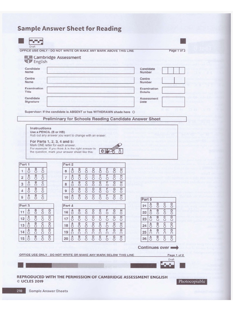 Answer Sheet (Pet For Schools) | PDF