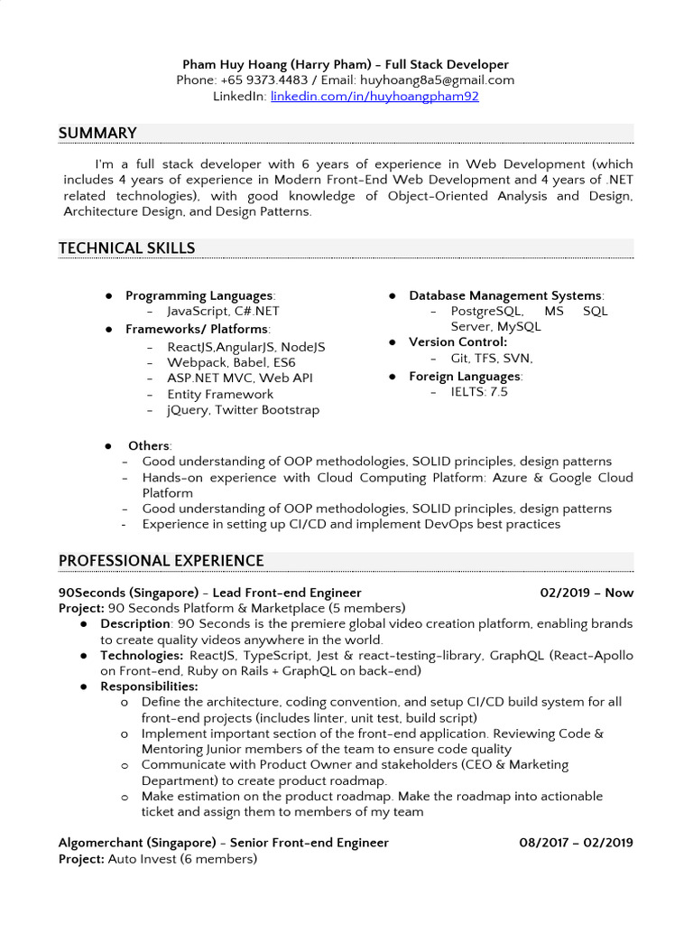 (CV) (Full Stack Developer) Pham Huy Hoang | PDF | Web Development | Compiler