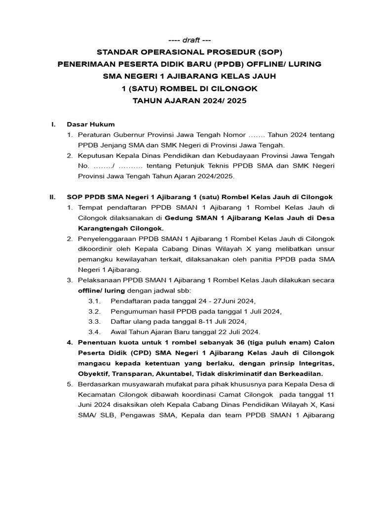 SOP PPDB OFFLINE SMA NEGERI 1 AJIBARANG TAHUN 2024 - Draft | PDF