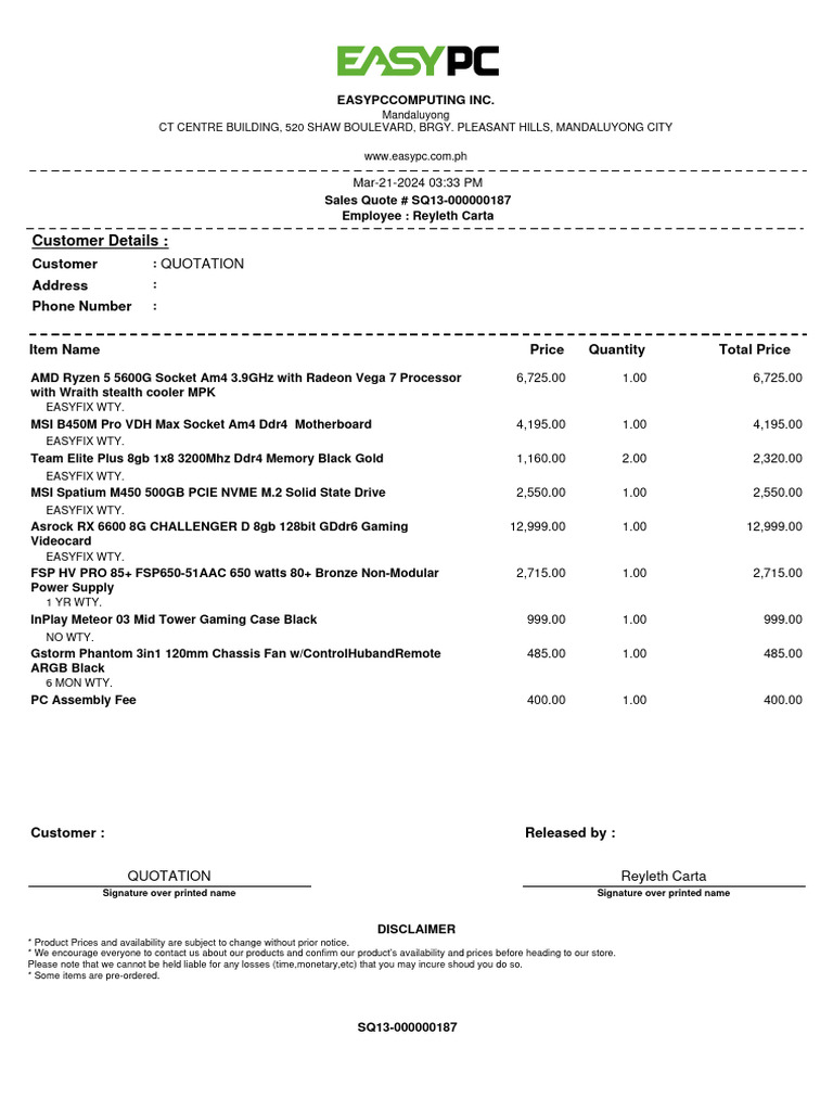Sales Quotation for PC Components | PDF | Personal Computers | X86 ...