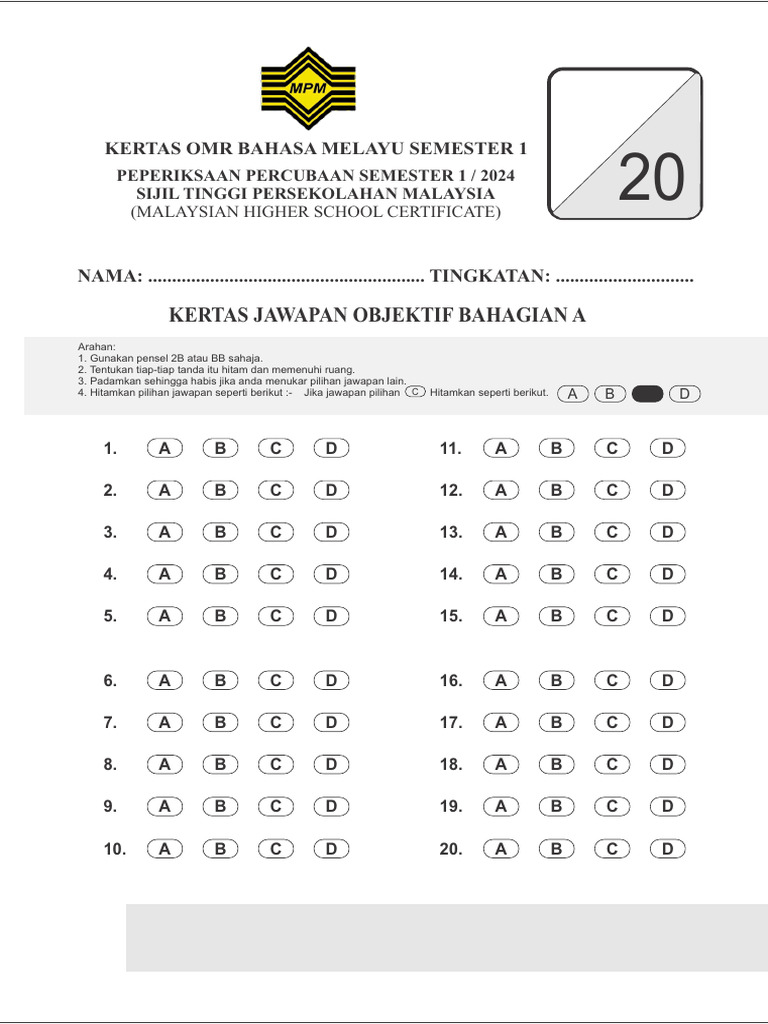 Kertas Omr BM STPM Sem1, 2 & 3 | PDF