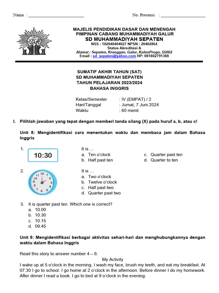 Soal Sat B Inggris Semester 2 Kelas Iv | PDF | Foreign Language Studies