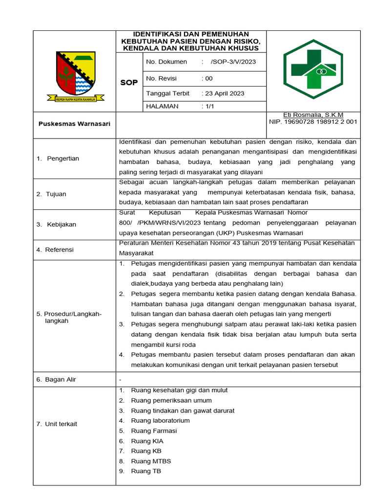 265 Sop Identifikasi Dan Pemenuhan Kebutuhan Pasien Dengan Risiko, Kendala Dan Kebutuhan Khusus ...