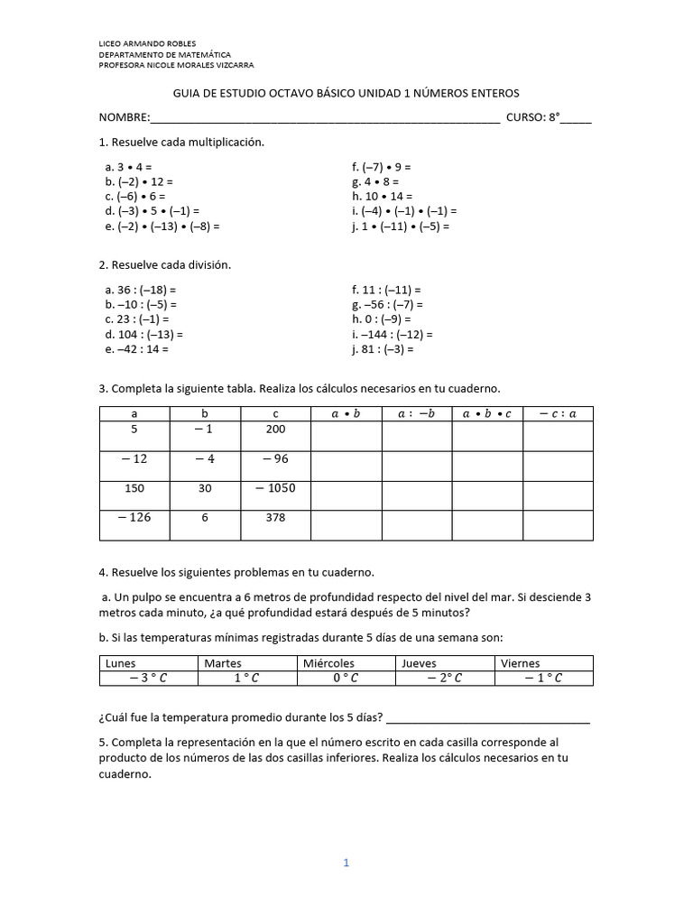 GUIA DE ESTUDIO OCTAVO BÁSICO UNIDAD 1 NÚMEROS ENTEROS | Descargar ...