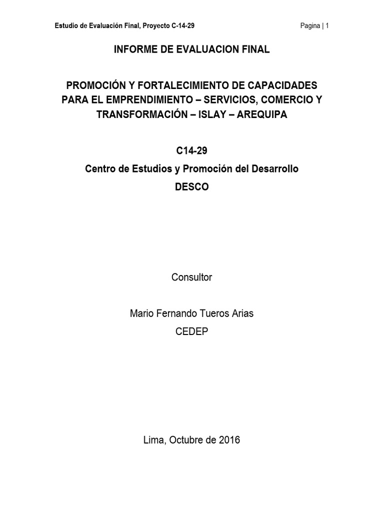 Informe de Evaluacion Final: Consultor | PDF | Iniciativa empresarial | Evaluación