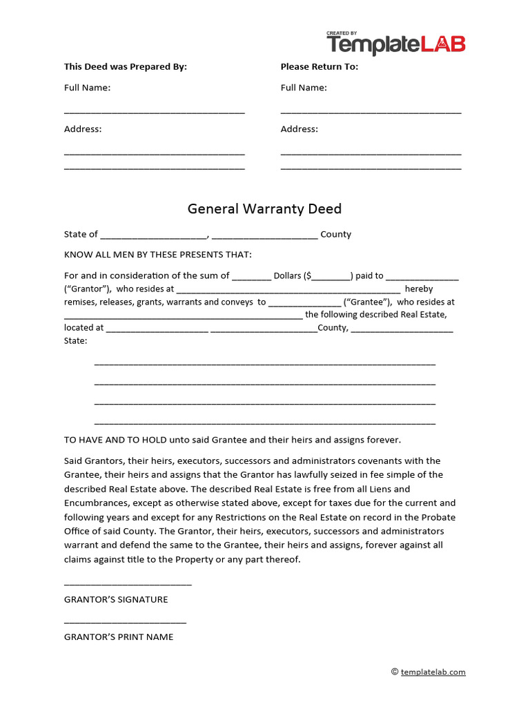 General-Warranty-Deed-TemplateLab.com_ | PDF | Deed | Fee Simple