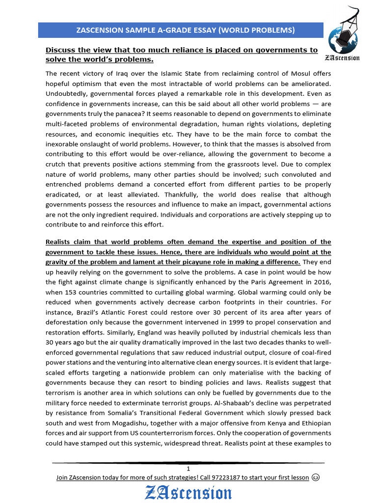Model A Grade Essay World Problems | PDF | Malala Yousafzai | Climate ...
