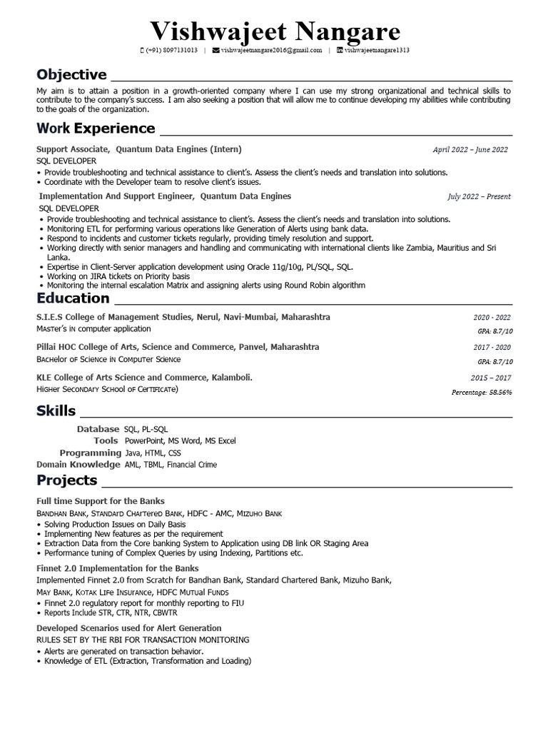 Vishwajeet Nangre Resume | PDF | Sql | Databases