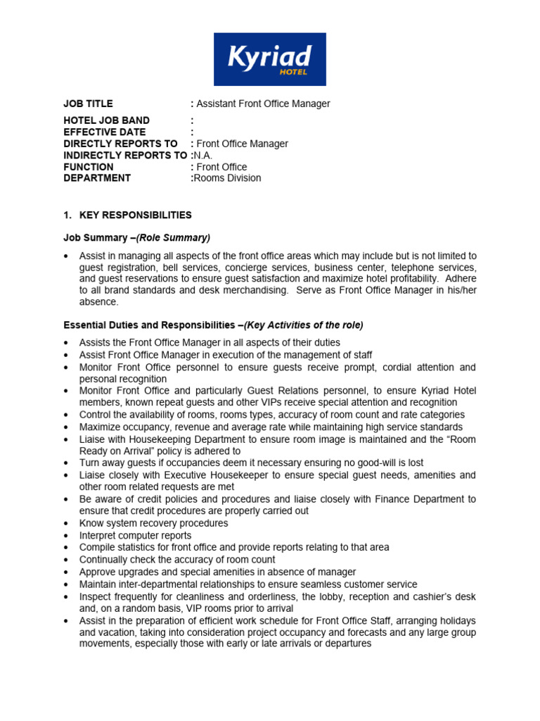 Assistant Front Office Manager Role | PDF | Human Resources | Economies