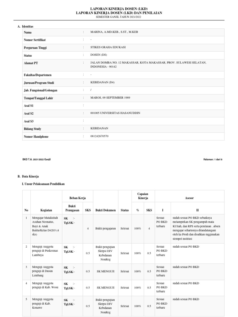 Laporan Kinerja Dosen (LKD) Laporan Kinerja Dosen (LKD) Dan Penilaian | PDF