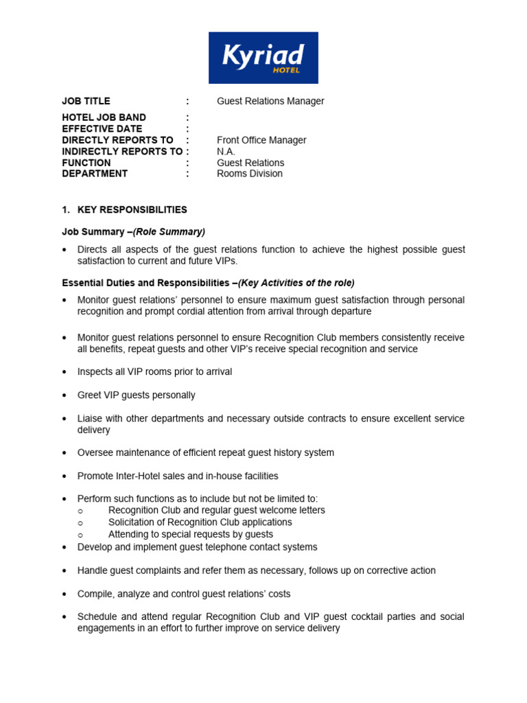 JD Fo 10 - Guest Relation Manager | PDF | Human Resources | Business