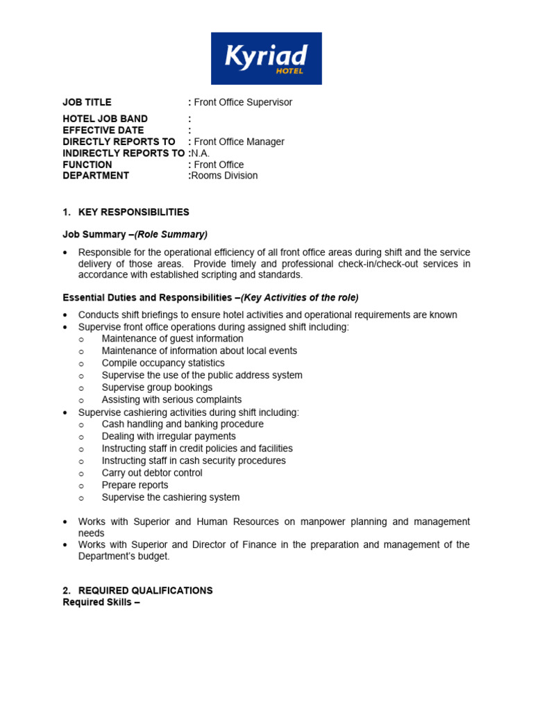 JD FO 12 - FRONT OFFICE SUPERVISOR | PDF | Human Resources | Employment