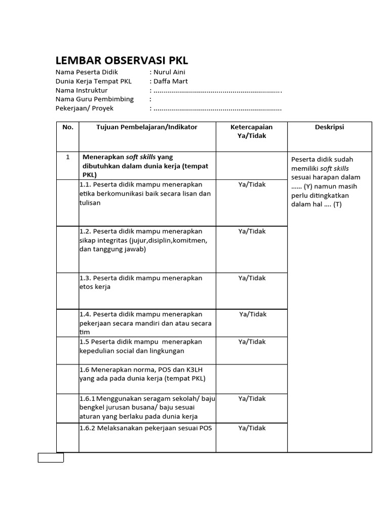 LEMBAR OBSERVASI PKL PEMASARAN (Dafa, Montana, Depo, Negeri Belanja Dan Hamed) | PDF
