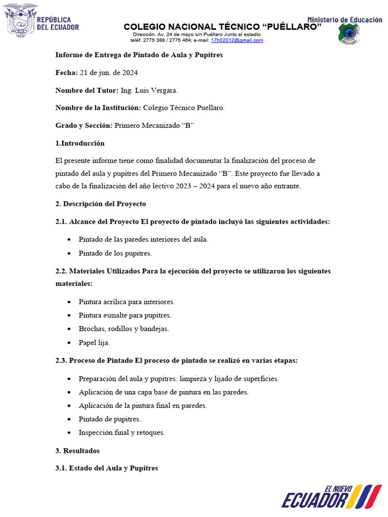 Informe de Entrega de Pintado de Aula y Pupitres | PDF