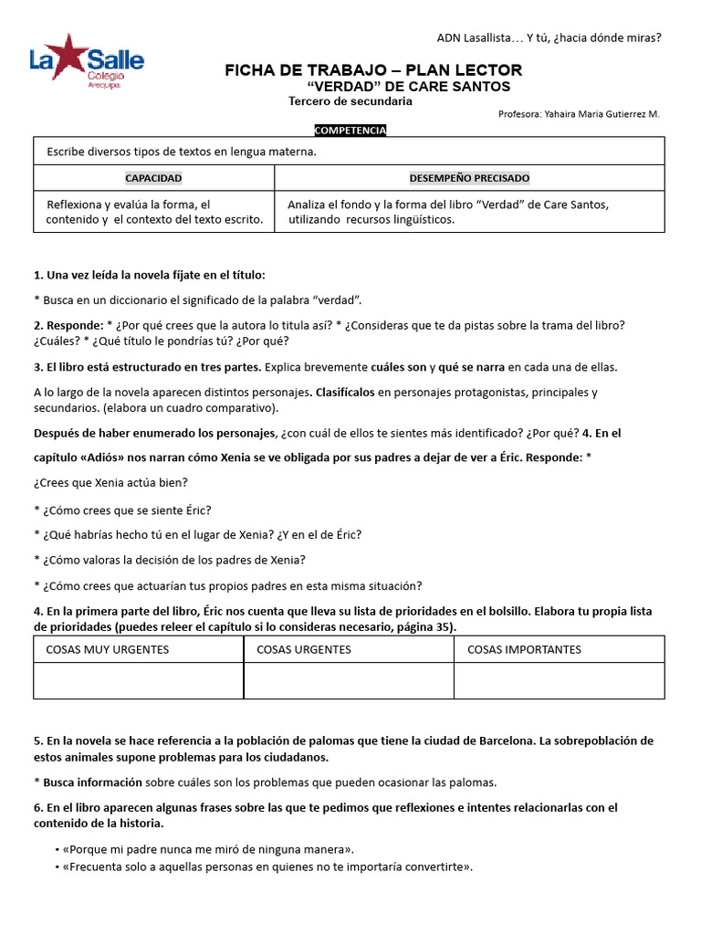 Plan Lector - Ficha de Trabajo | PDF