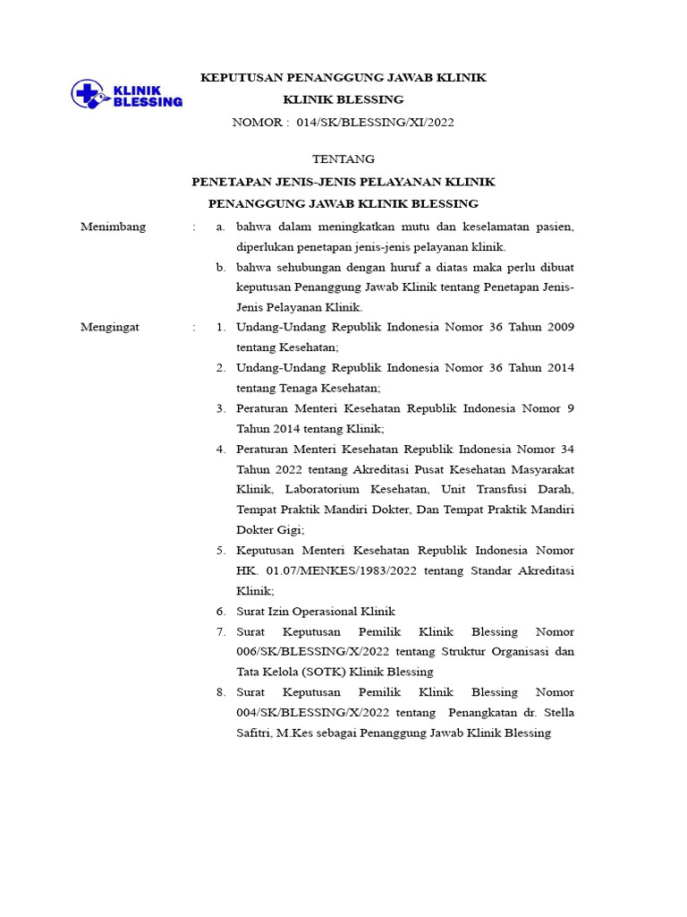 SK PENETAPAN JENIS-JENIS PELAYANAN KLINIK fix | PDF