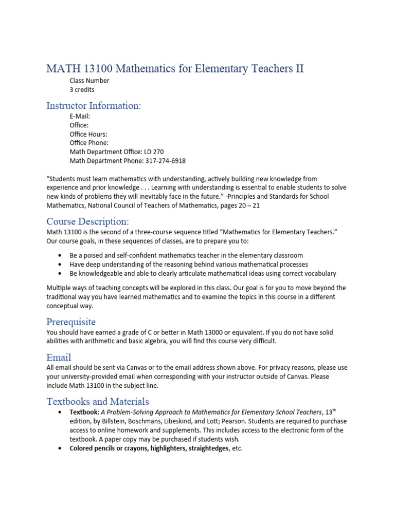 Math 13100 Syllabus Mathematics For Elementary Teachers | PDF ...