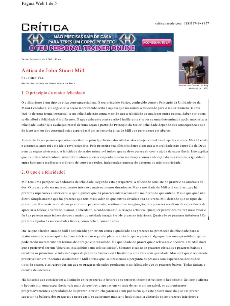 A Ética de John Stuart Mill | PDF | Utilitarismo | Felicidade