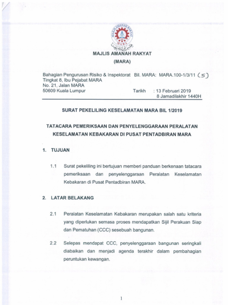 4.4 Surat Pekeliling Keselamatan MARA Bil.1 - 2019 - FF | PDF