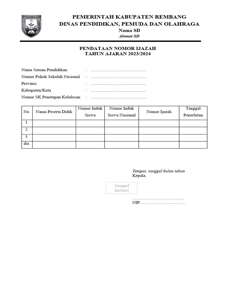 Format Matriks Pendataan Nomor Ijazah | PDF