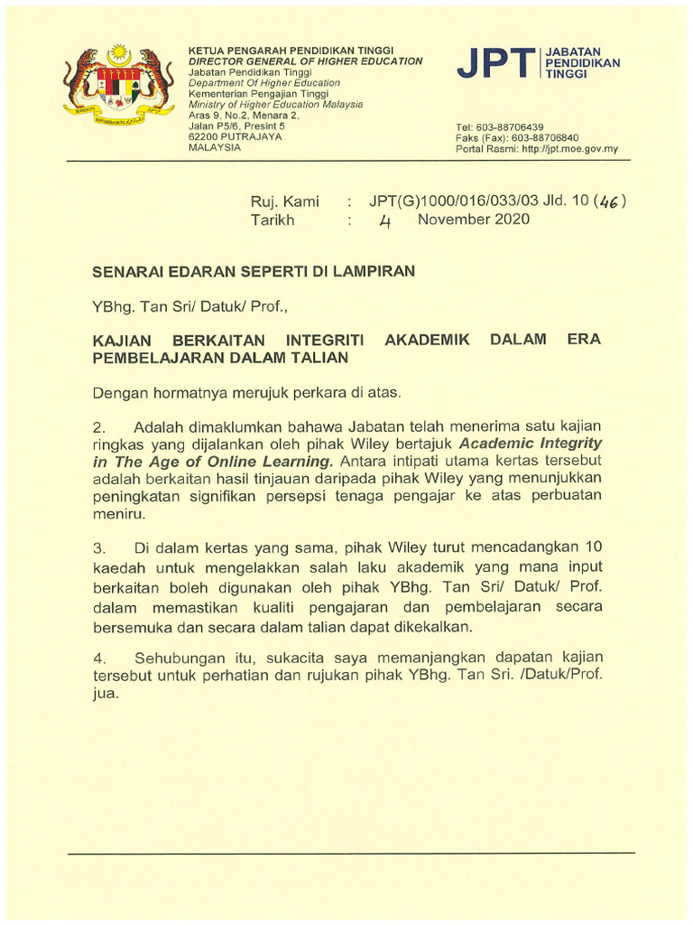 Surat Makluman Kajian Berkaitan Integriti Akademik Dalam Era Pembelajaran Dalam Talian | PDF