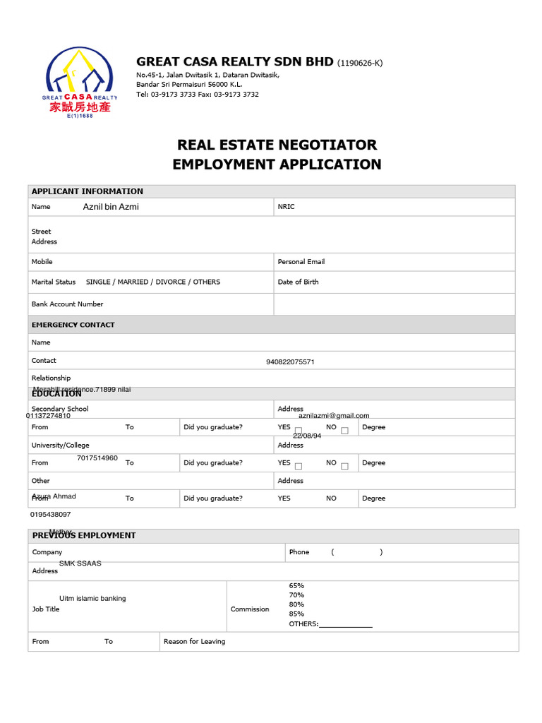 Real Estate Negotiator Application Form | PDF | Employment ...