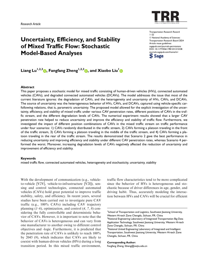 Uncertainty, Efficiency, and Stability of Mixed Traffic Flow - Stochastic Model-Based Analyses ...