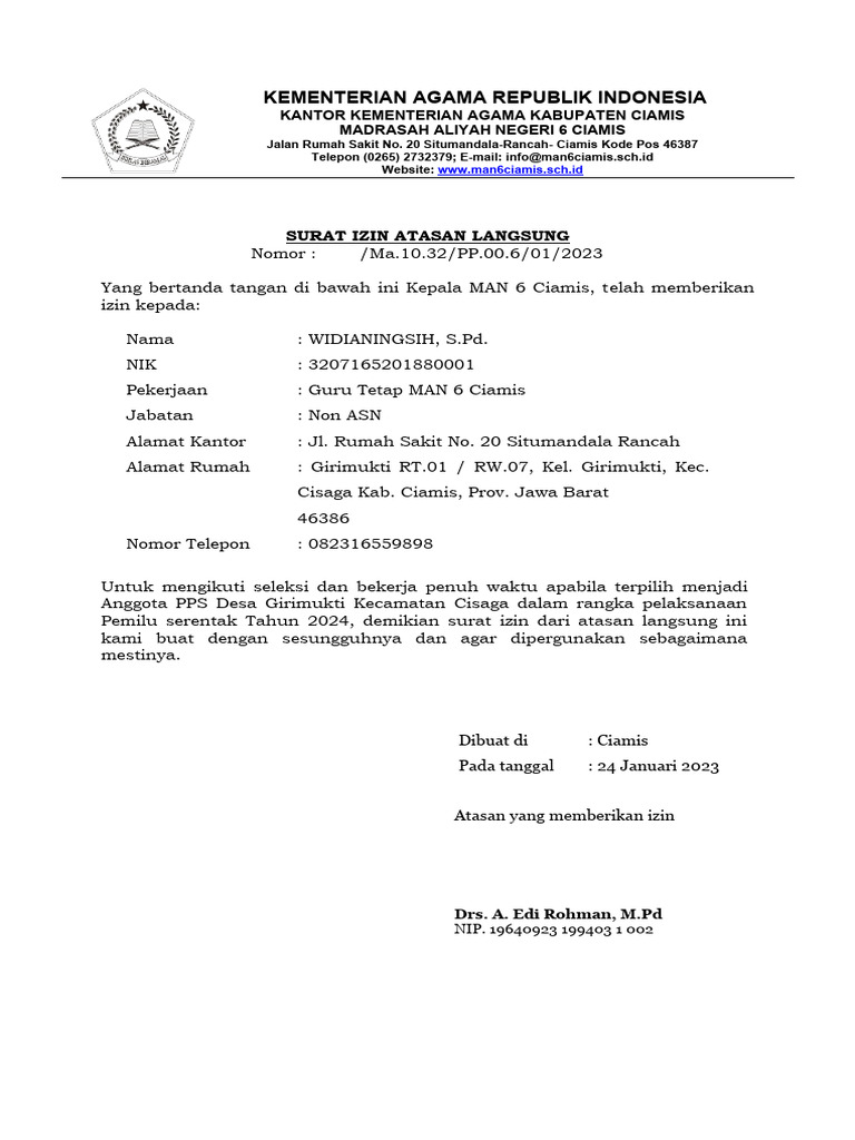Contoh Surat Izin Atasan Langsung Bagi PNS | PDF Contoh Surat Izin Atasan Langsung Bagi PNS | PDF