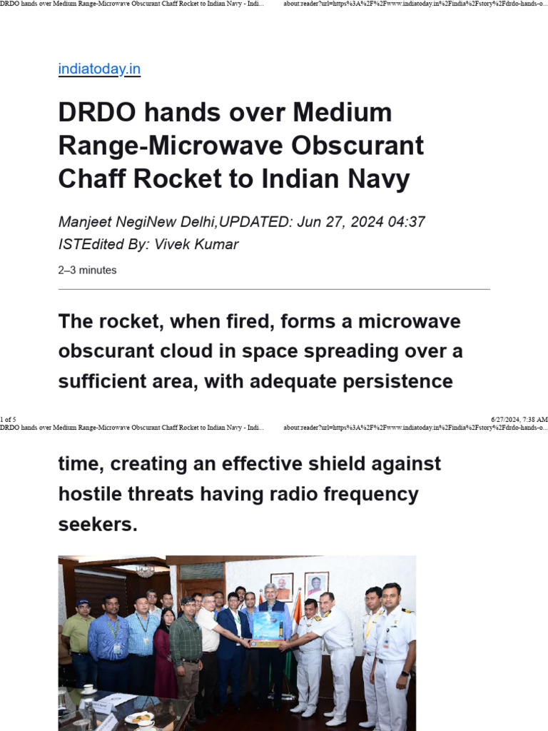 DRDO Hands Over Medium Range-Microwave Obscurant Chaff Rocket To Indian ...