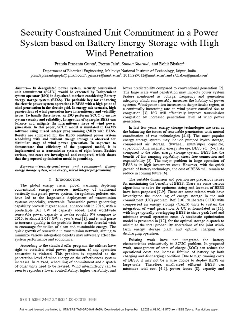 Security Constrained Unit Commitment in A Power System Based On Battery Energy Storage With High ...
