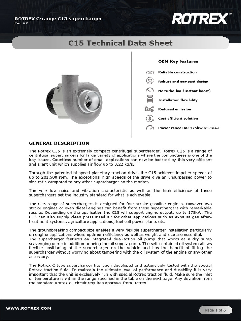 Rotrex Technical Datasheet C15 Rev6.0 | PDF | Turbocharger | Pump Rotrex Technical Datasheet C15 Rev6.0 | PDF | Turbocharger | Pump