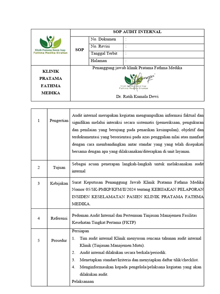 SOP Audit Internal Klinik | PDF