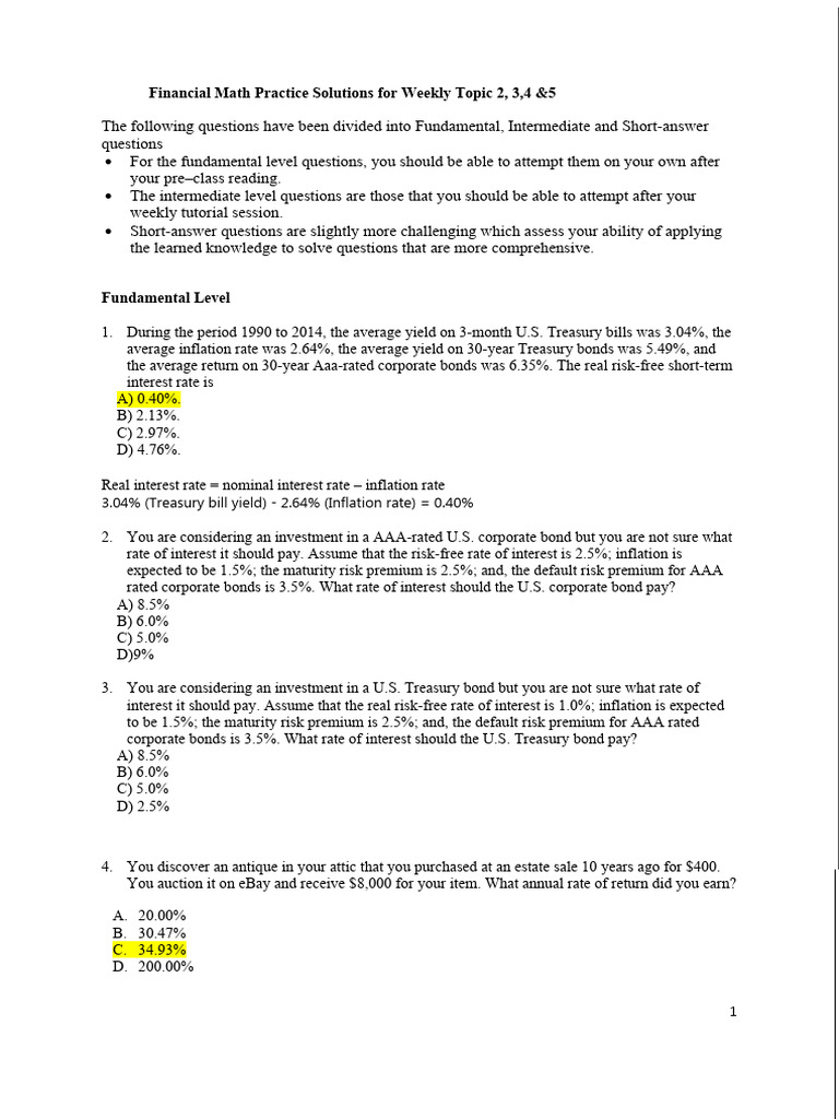 Financial Math Practice Solutions | PDF | Present Value | Interest