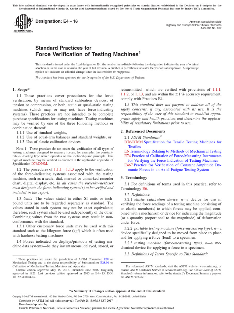 Force Verification of Testing Machines: Standard Practices For | PDF ...