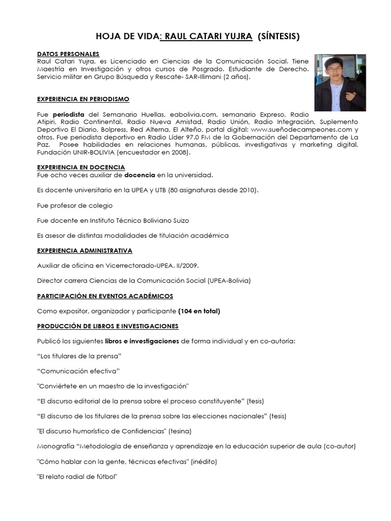 Curriculum Raul Catari 2018 Ajuste | PDF | Enseñando | Maestros