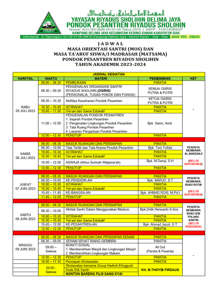 JADWAL MOS 2023-2024 A1 | PDF