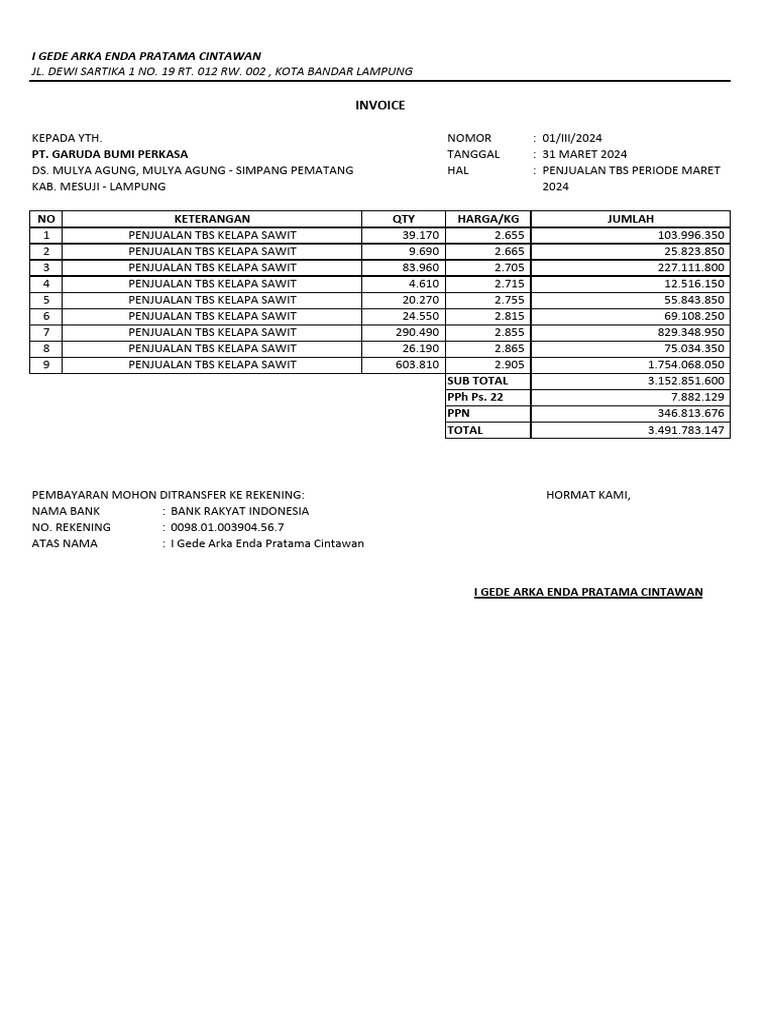 Invoice Penjualan TBS Kelapa Sawit Maret 2024 | PDF