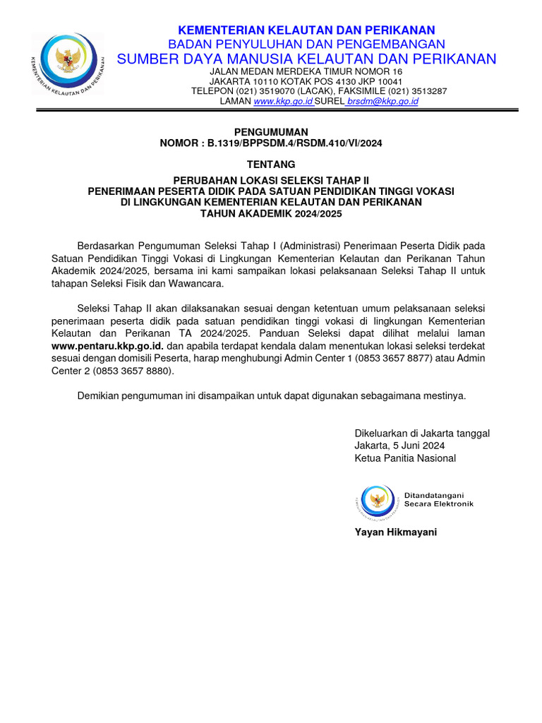 PENGUMUMAN TENTANG LOKASI SELEKSI TAHAP II PENERIMAAN PESERTA DIDIK KKP ...