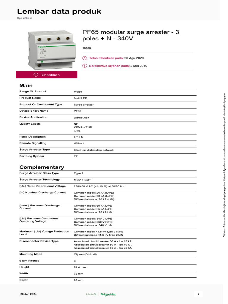 Surge Arrester 3P+N PF65 65ka 230400V | PDF | Electrical Components | Physical Quantities
