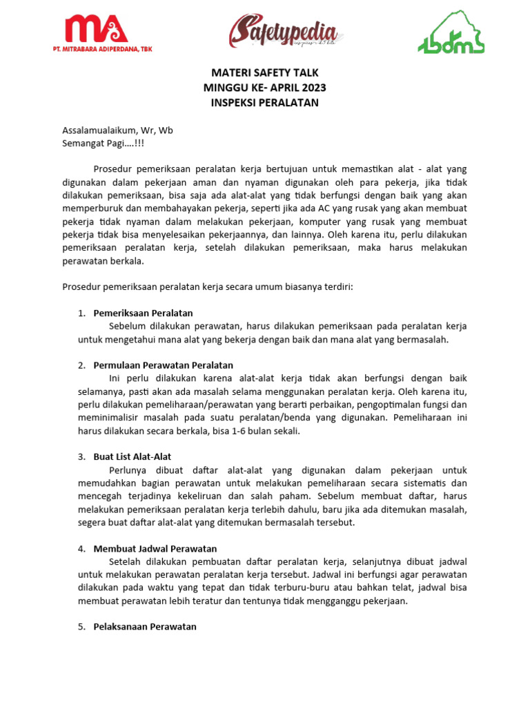 Materi Safety Talk Inspeksi Peralatan | PDF