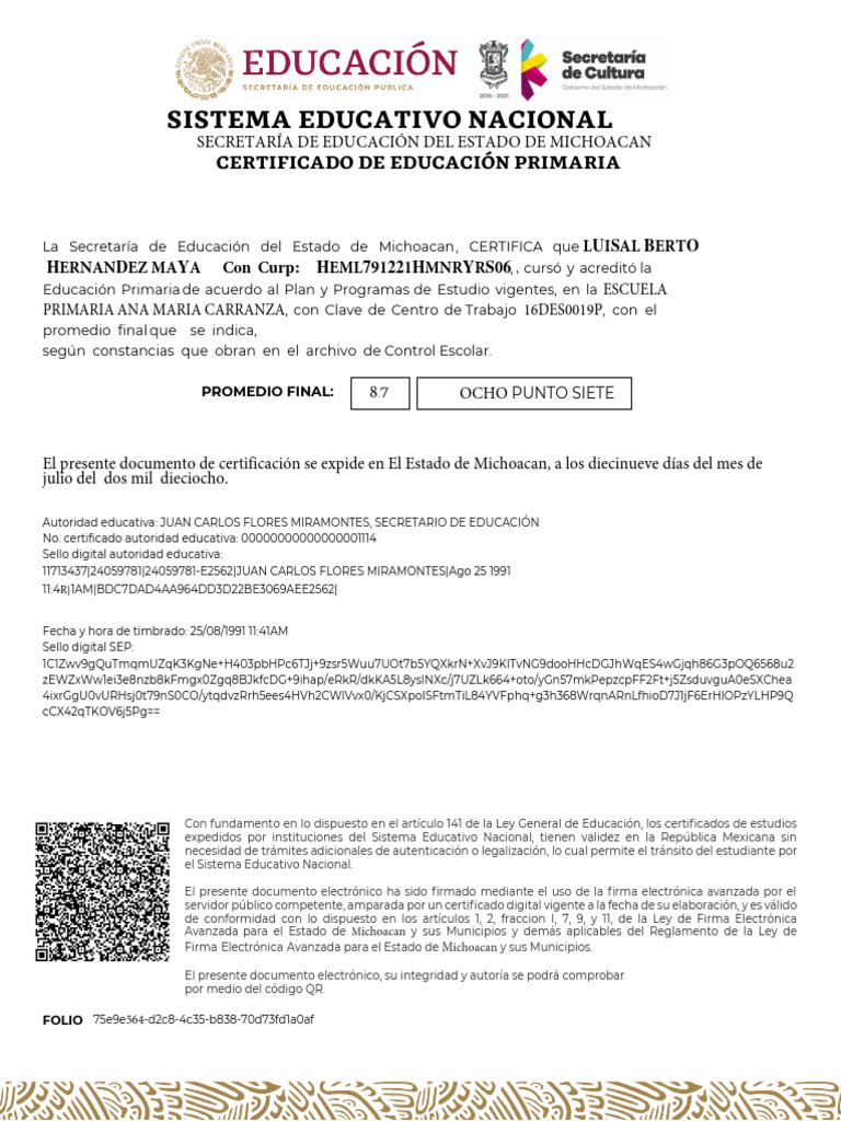 CERTIFICADO DE PRIMARIA MICHOACAN LUIS Ok Ok | PDF