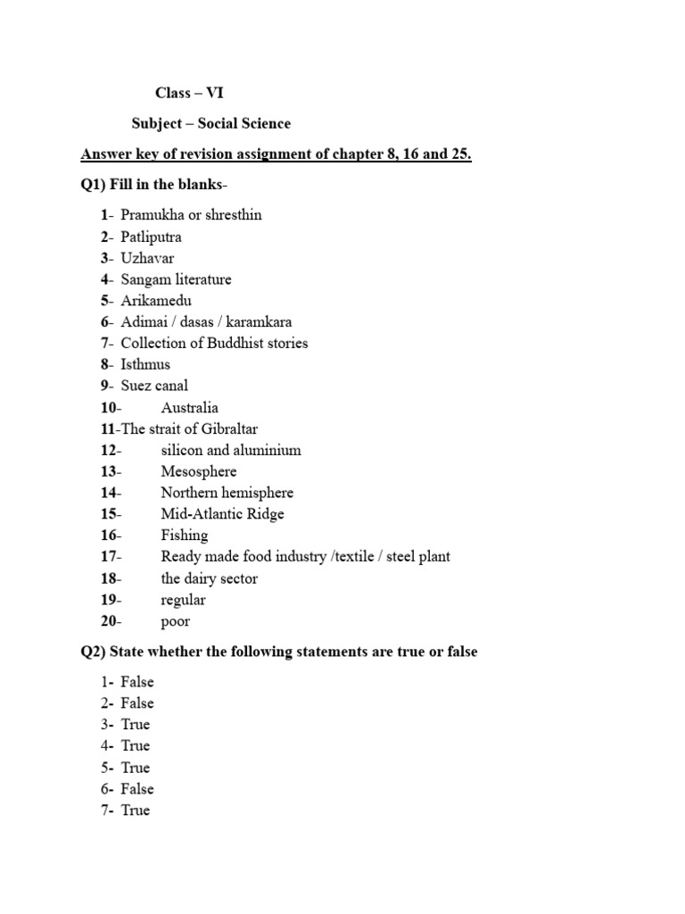 Answer Key of S.Sci. Assignment of Chapters 8 J 16 and 25 | PDF