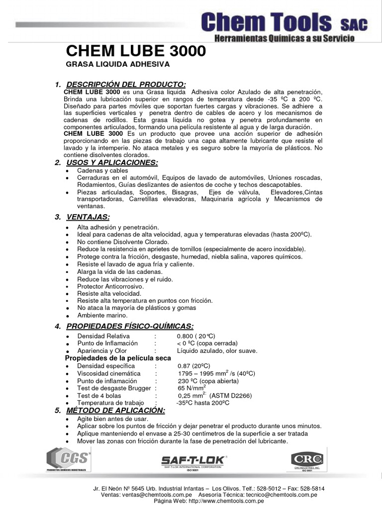 HT Chem Lube 3000 (Sp-500ml) | PDF | Agua | Rodamiento (Mecánico)